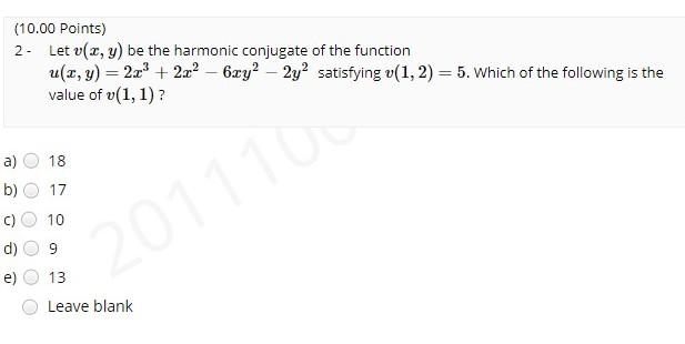 Solved (10.00 Points) 2- Let v(x,y) be the harmonic | Chegg.com