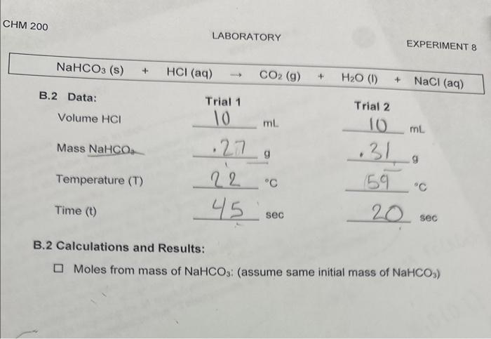 Solved LABORATORY NaHCO3( s)+HCl(aq)→CO2( g)+H2O(l)+NaCl | Chegg.com