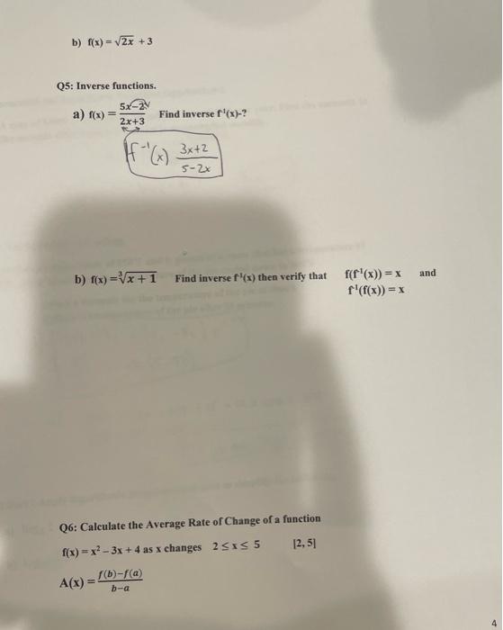 Solved b) f(x)=2x+3 Q5: Inverse functions. a) f(x)=2x+35x−2v | Chegg.com