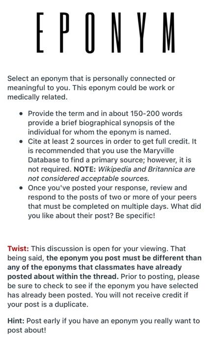 EPONYM Select an eponym that is personally connected | Chegg.com
