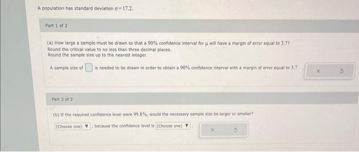 Solved A population has standard deviation σ=17,2. Part 1 of | Chegg.com