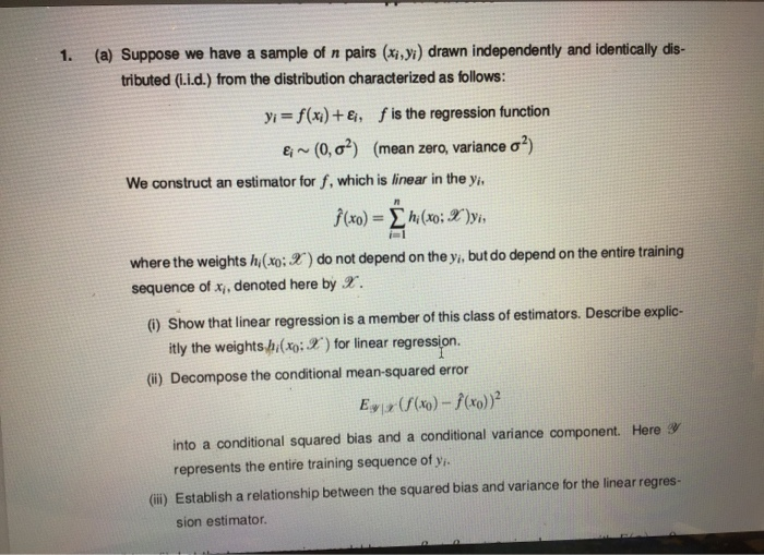 1. (a) Suppose we have a sample of n pairs (Xi,yi) | Chegg.com