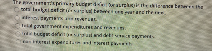 Solved The government's primary budget deficit (or surplus) | Chegg.com