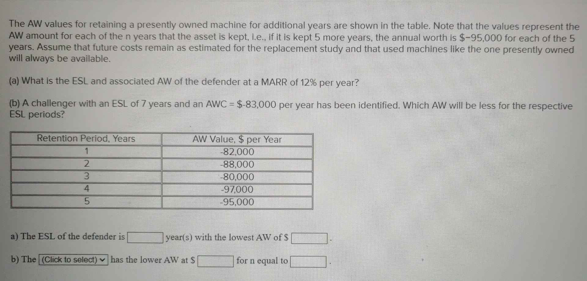 Solved The AW values for retaining a presently owned machine | Chegg.com