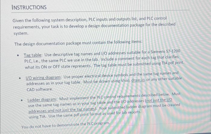 Given the following system description, PLC inputs | Chegg.com