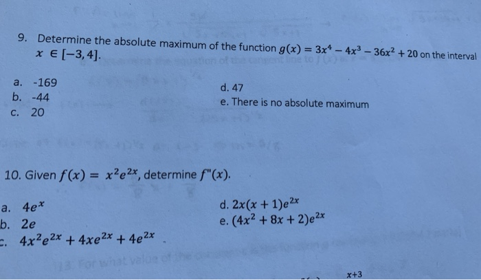 Solved 9. Determine the absolute maximum of the function | Chegg.com