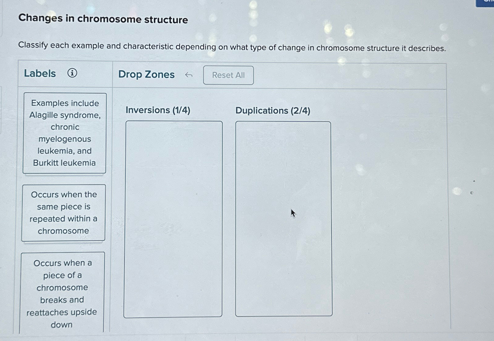 Solved Changes in chromosome structureClassify each example | Chegg.com