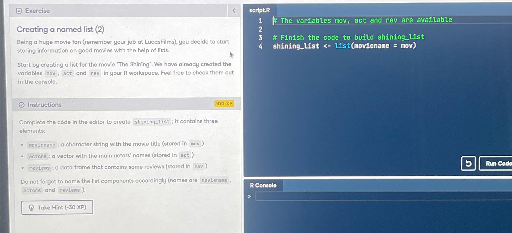 Solved 回 ﻿ExerciseCreating a named list (2)Being a huge | Chegg.com