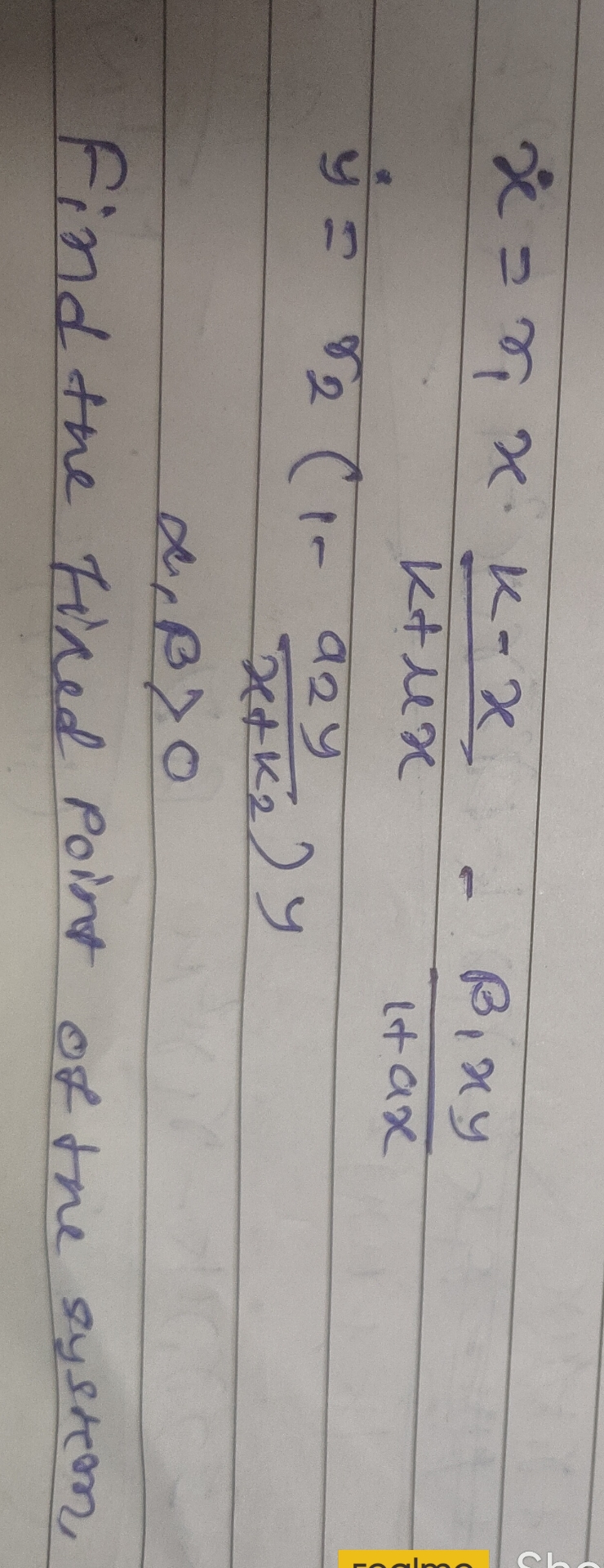 x˙=r1x*k-xk+μx-β1xy1+axy˙=r2(1-a2yx+k2)yα,β>0Find the | Chegg.com
