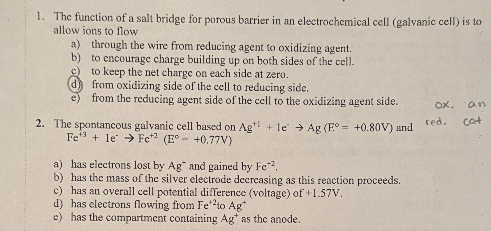 Solved The function of a salt bridge for porous barrier in | Chegg.com