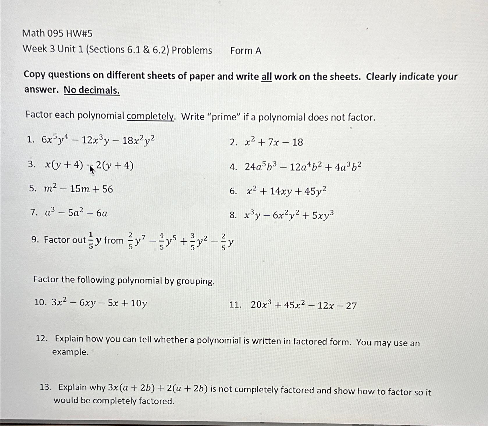Solved Math 095 ﻿HW#5Week 3 ﻿Unit 1 (Sections 6.1 ﻿& 6.2) | Chegg.com