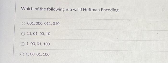 Solved Which of the following is a valid Huffman Encoding, | Chegg.com