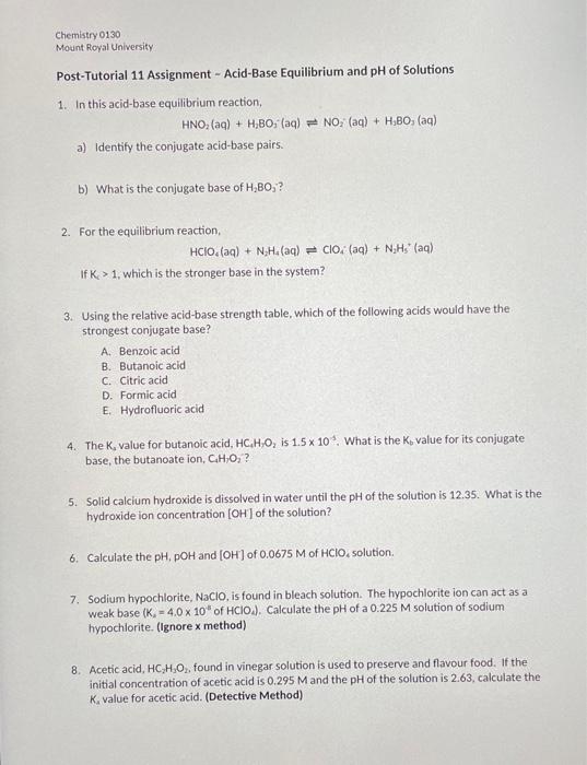 Solved Post-Tutorial 11 Assignment - Acid-Base Equilibrium | Chegg.com