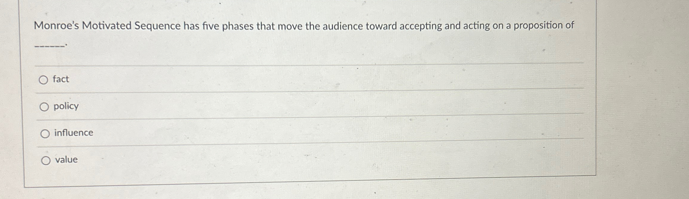 Solved Monroe's Motivated Sequence has five phases that move | Chegg.com