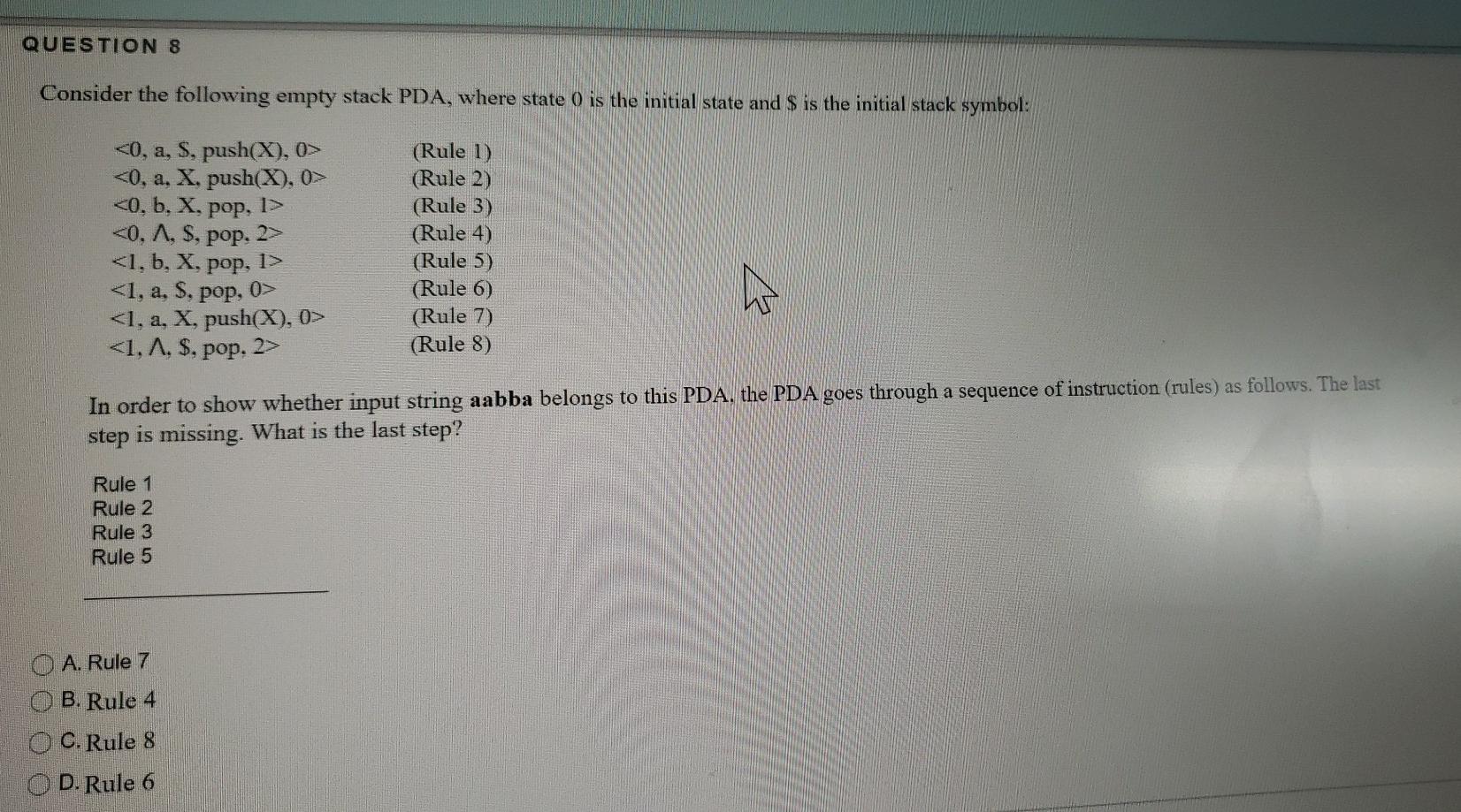 Solved QUESTION 8 Consider the following empty stack PDA, | Chegg.com
