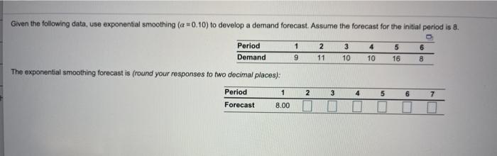 Solved Given the following data, use exponential smoothing | Chegg.com