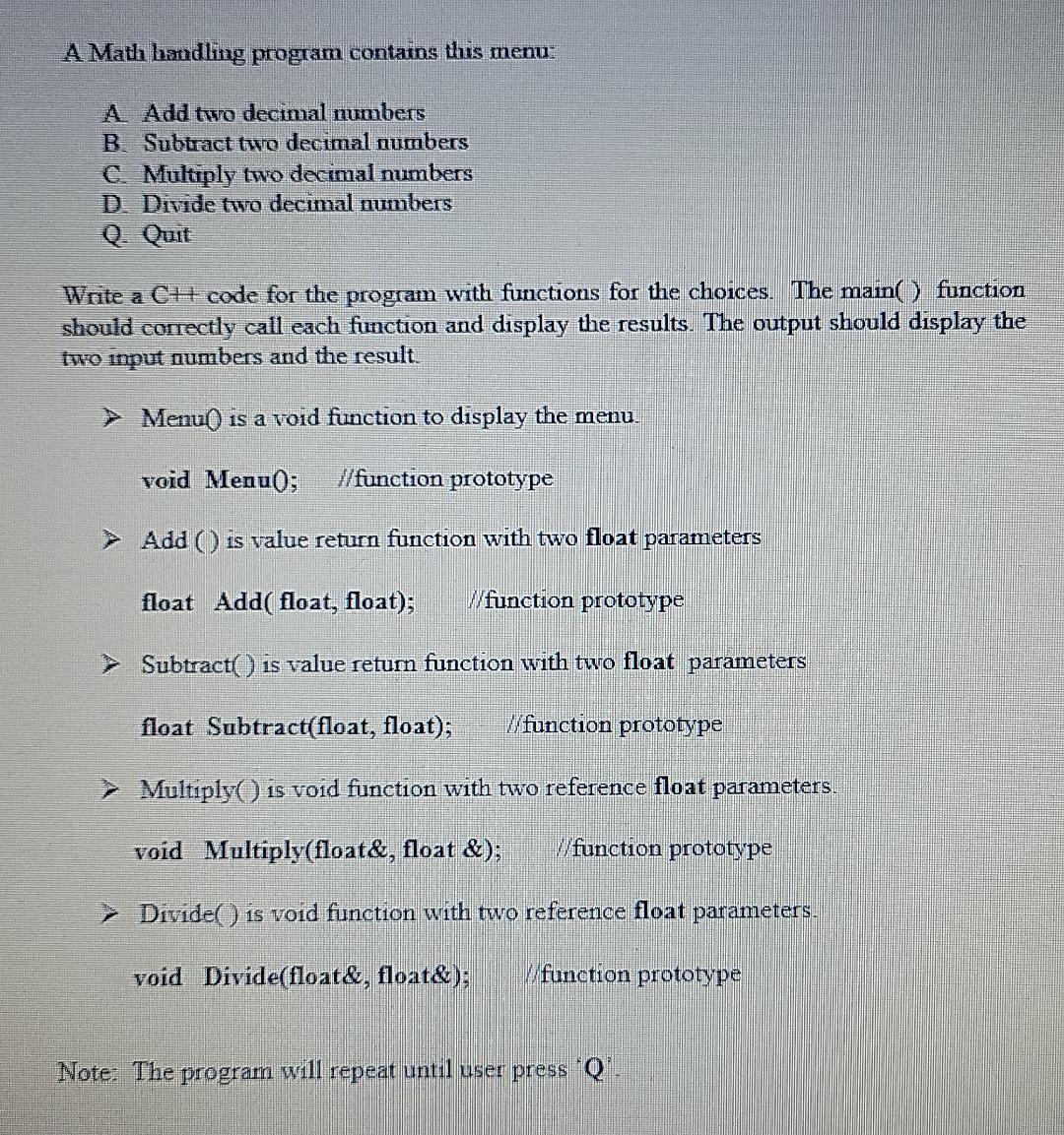 Solved A Math handling program contains thuis menu: A Add | Chegg.com