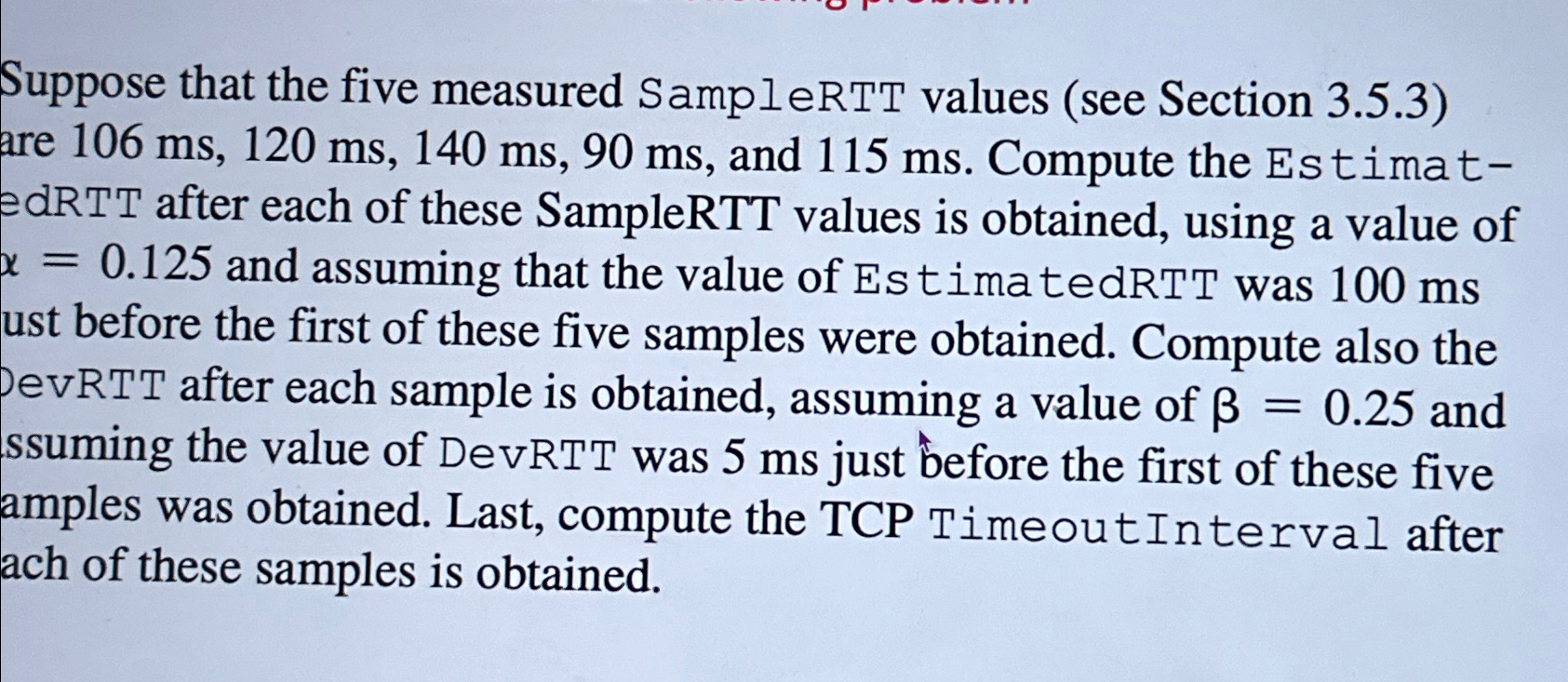 Suppose that the five measured SampleRTT values (see | Chegg.com
