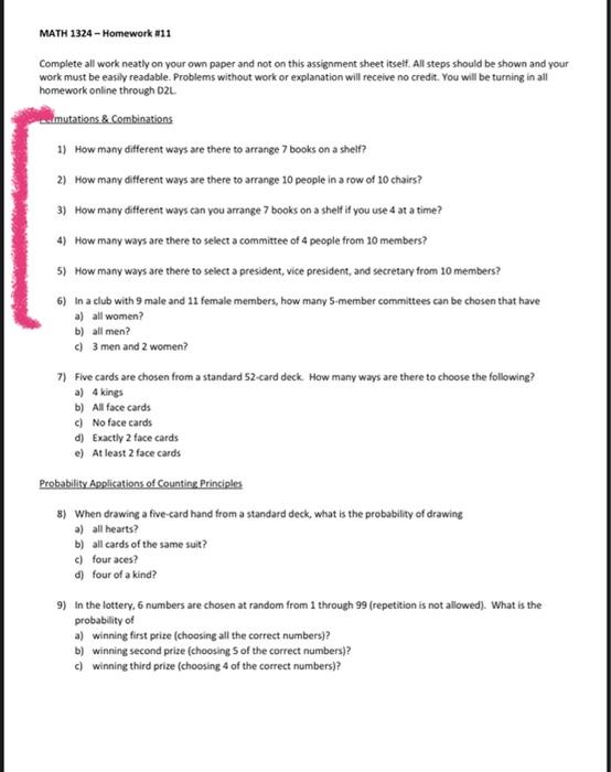 Solved MATH 1324 - Homework #11 Complete all work neatly on | Chegg.com