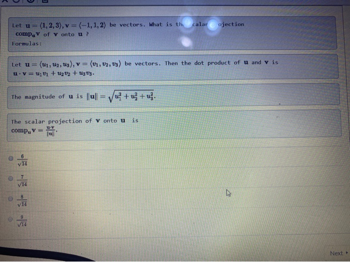 Solved calarojection Let u= (1,2,3), v = (-1,1,2) be | Chegg.com