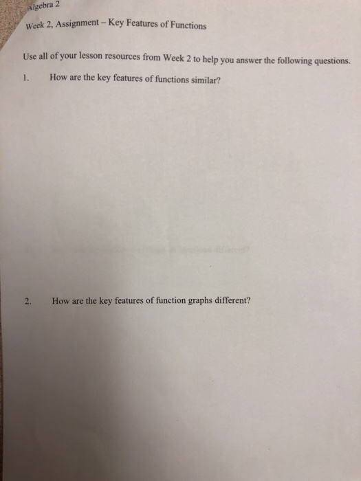 Solved Algebra 2 Week 2, Assignment - Key Features of | Chegg.com