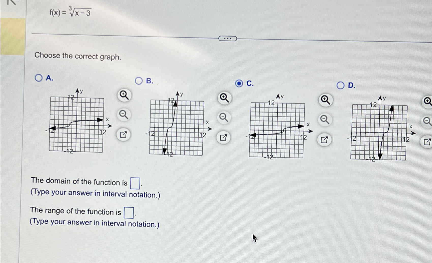 Solved f(x)=x-33Choose the correct graph.A.B.c.D.The domain | Chegg.com