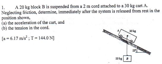 Solved A 20 kg block B is suspended from a 2 m cord attached | Chegg.com
