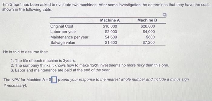 Solved Tim Smunt has been asked to evaluate two machines. | Chegg.com