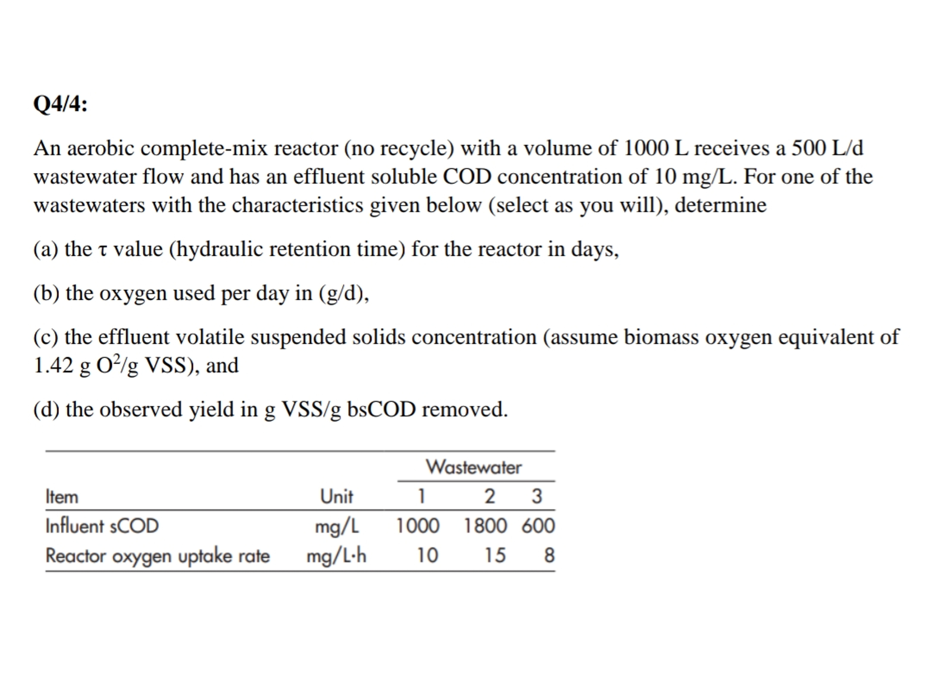 Solved Q4/4:An aerobic complete-mix reactor (no recycle) | Chegg.com