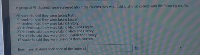 Solved A group of 91 students were surveyed about the | Chegg.com