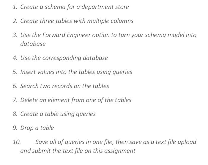 1. Create a schema for a department store 2. Create | Chegg.com