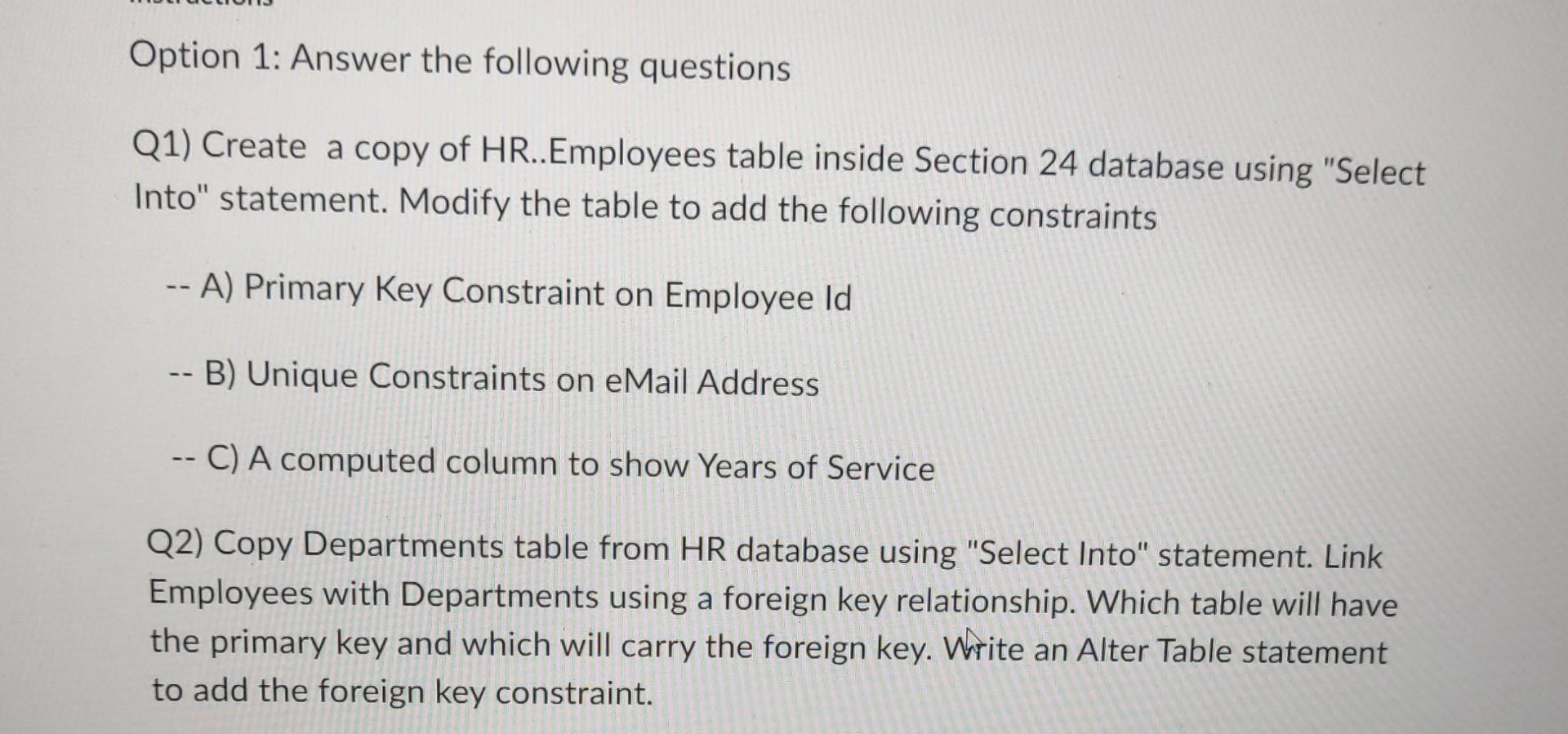 Solved uption 1: Answer the following questions Q1) Create a | Chegg.com
