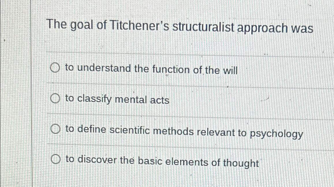 Solved The goal of Titchener's structuralist approach wasto | Chegg.com