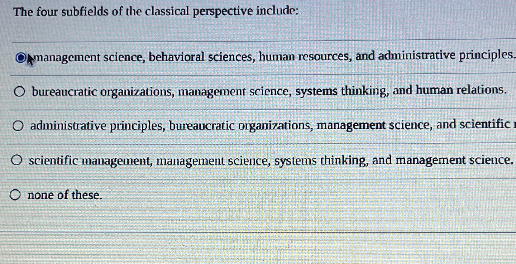 Solved The four subfields of the classical perspective | Chegg.com