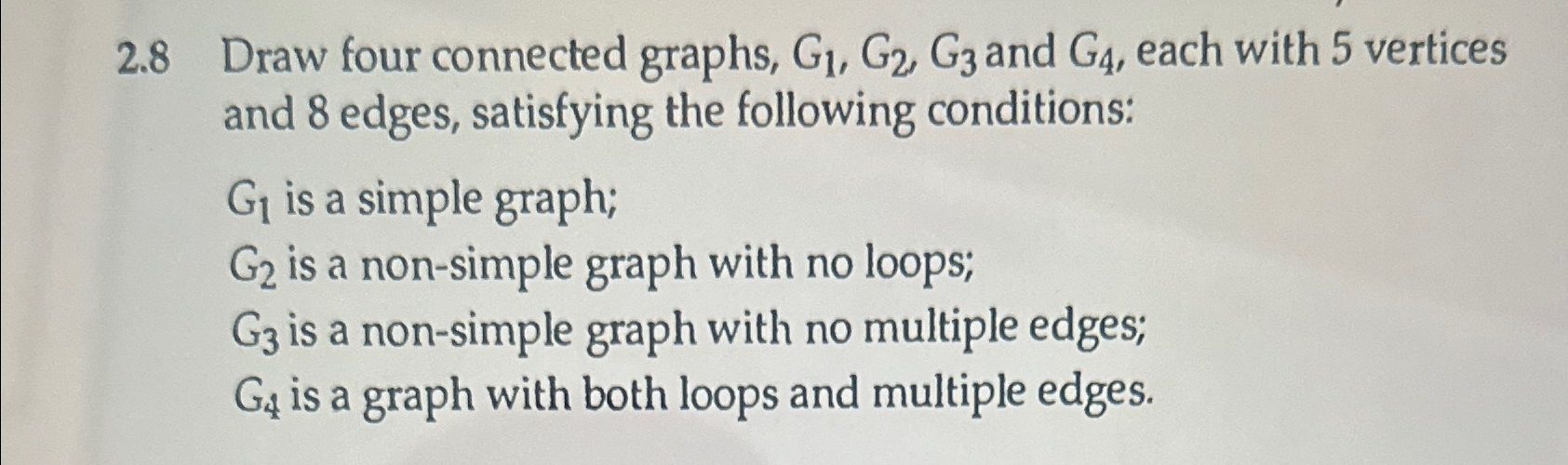Solved 2.8 ﻿Draw four connected graphs, G1,G2,G3 ﻿and G4, | Chegg.com