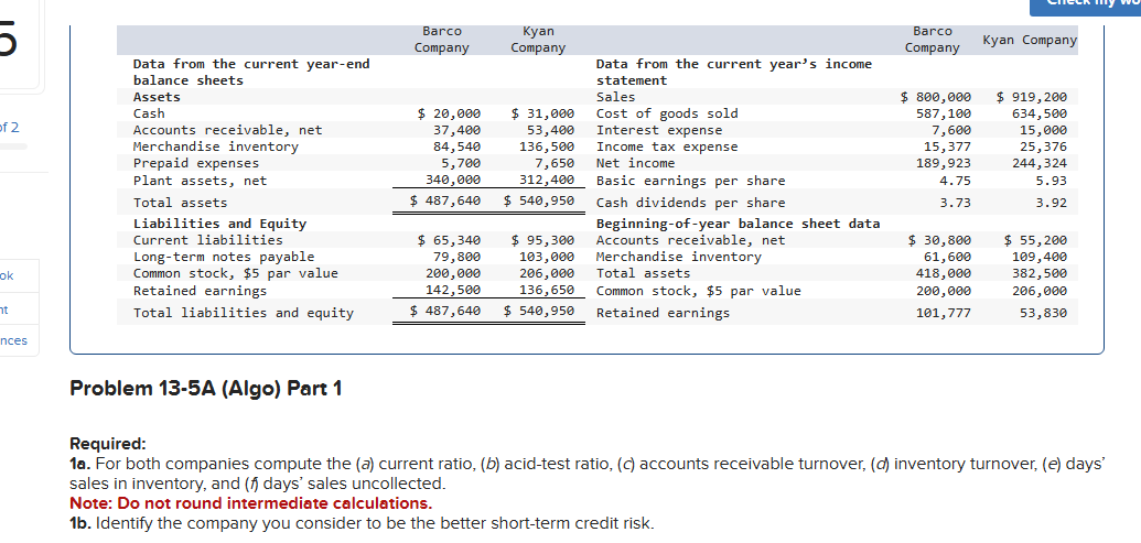 Problem 13-5A (Algo) ﻿Part 1Required:1a. ﻿For both | Chegg.com