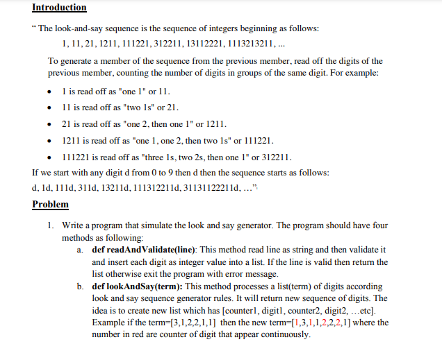 Solved Introduction “ The look-and-say sequence is the | Chegg.com