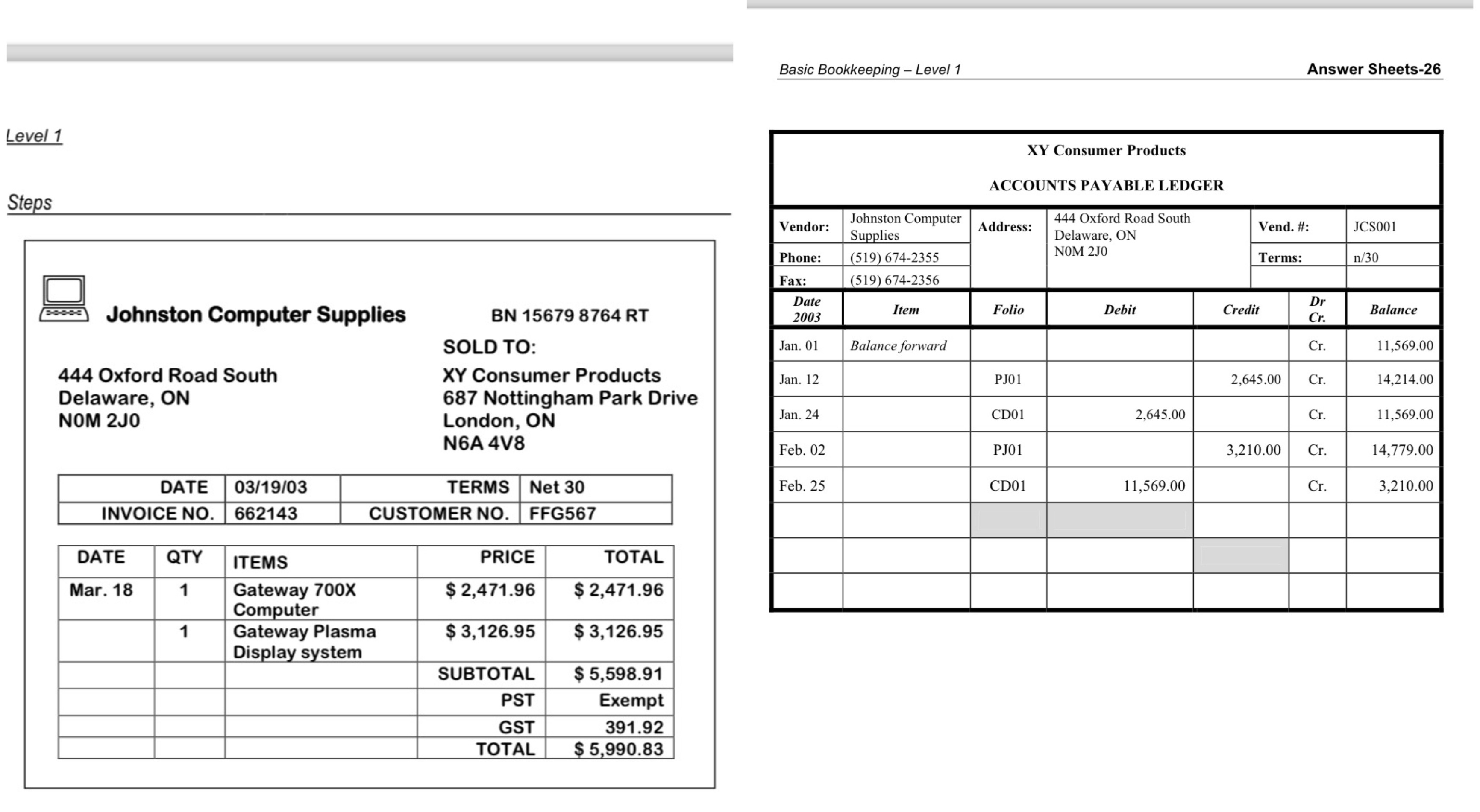 Solved Basic Bookkeeping-Level 1Answer Sheets-26Level | Chegg.com