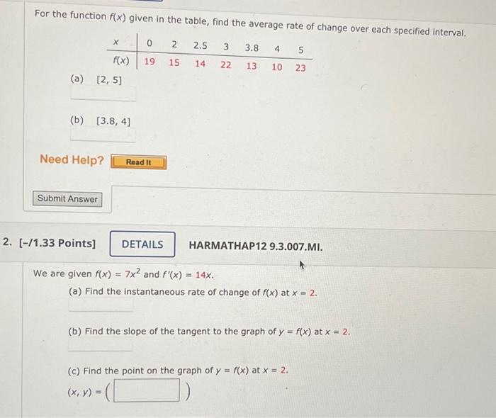 Solved For the function f(x) given in the table, find the | Chegg.com