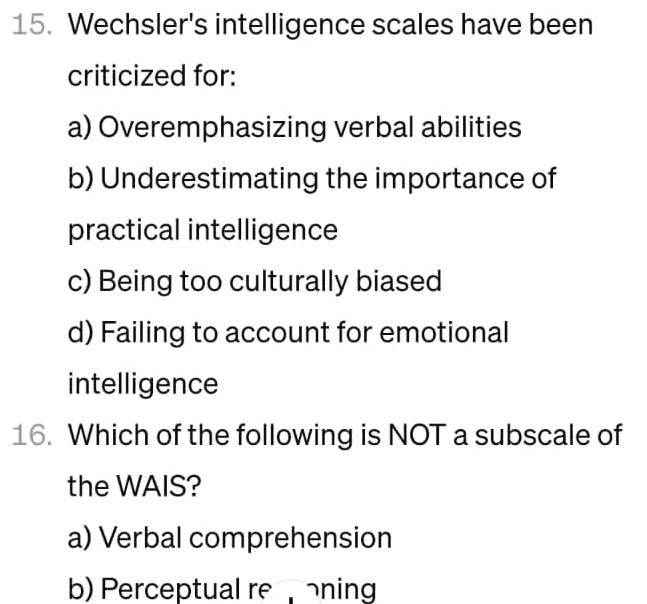 Solved Wechsler's intelligence scales have been criticized | Chegg.com