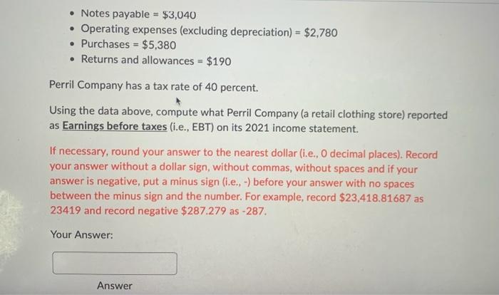 Solved Accounts from the Perril Company's Income Statement, | Chegg.com