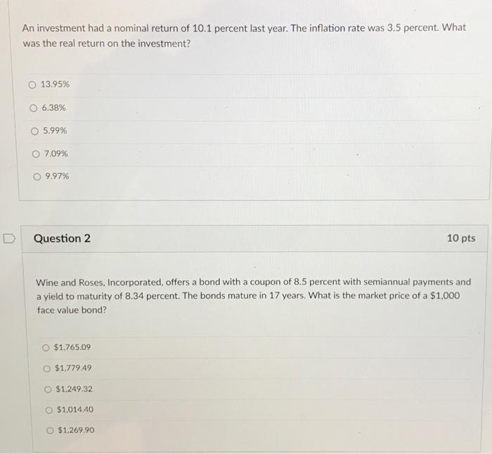 Solved An investment had a nominal return of 10.1 percent | Chegg.com
