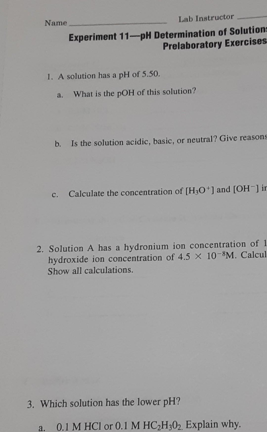Solved Name Lab Instructor Experiment 11-pH Determination of | Chegg.com