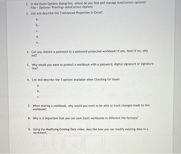 Solved 2 In The Excel Options Dialog Box Where Do You Find 