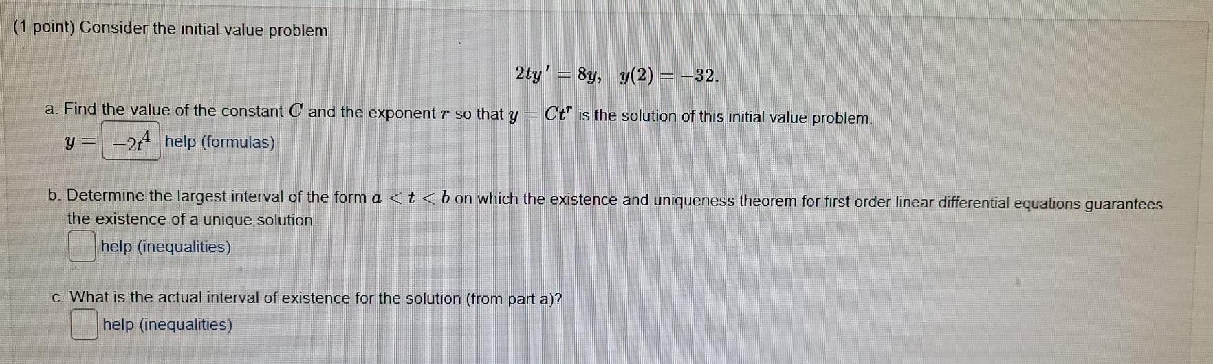 Solved (1 point) Consider the initial value problem 2ty' = | Chegg.com
