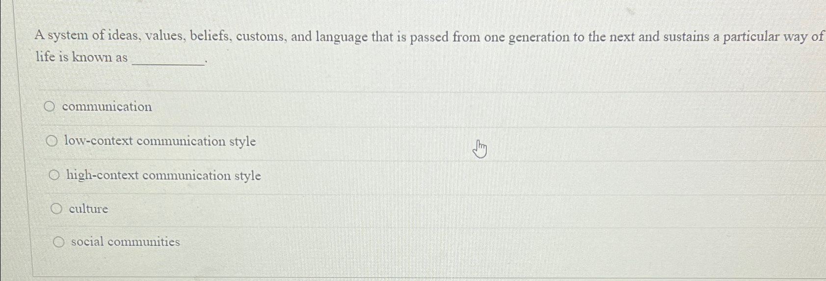 Solved A system of ideas, values, beliefs, customs, and | Chegg.com