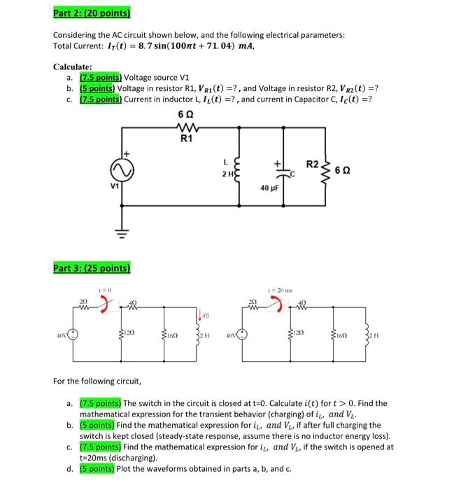Solved Considering the AC circuit shown below, and the | Chegg.com
