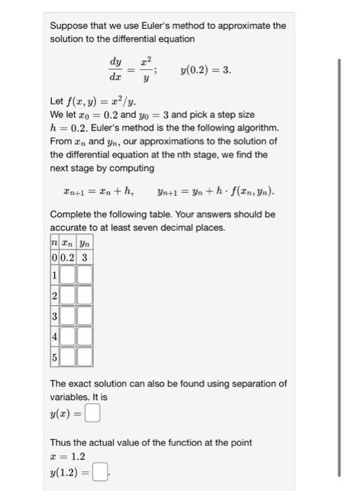 Solved Suppose that we use Euler's method to approximate the | Chegg.com