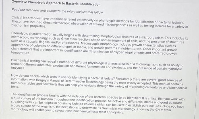 Solved Overview: Phenotypic Approach to Bacterial | Chegg.com