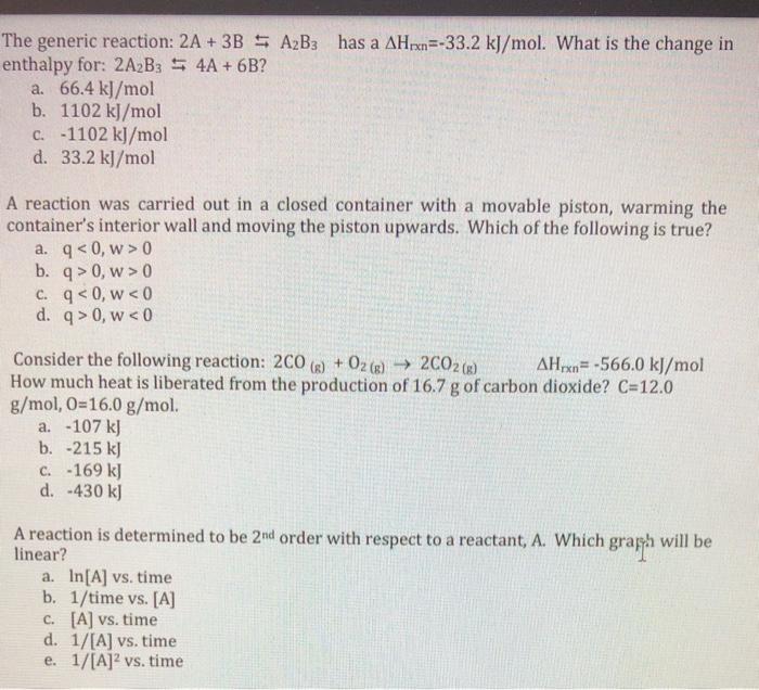 Solved The generic reaction: 2A + 3B = A2B3 has a | Chegg.com